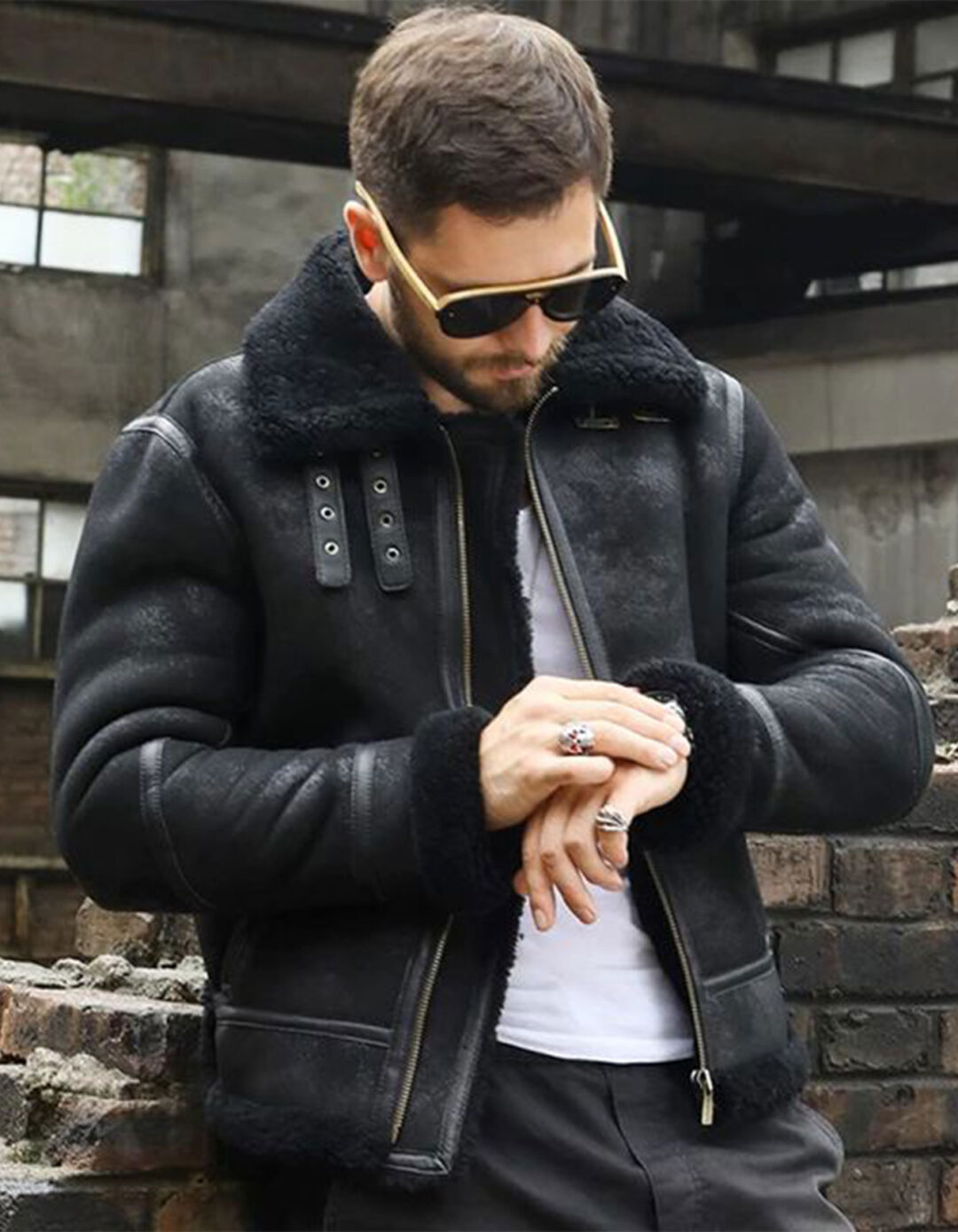 Premium Black Leather Aviator Jacket with Shearling Lining