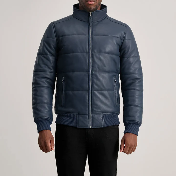 Lucas Blue Leather Puffer Bomber Jacket | Aviator Coats