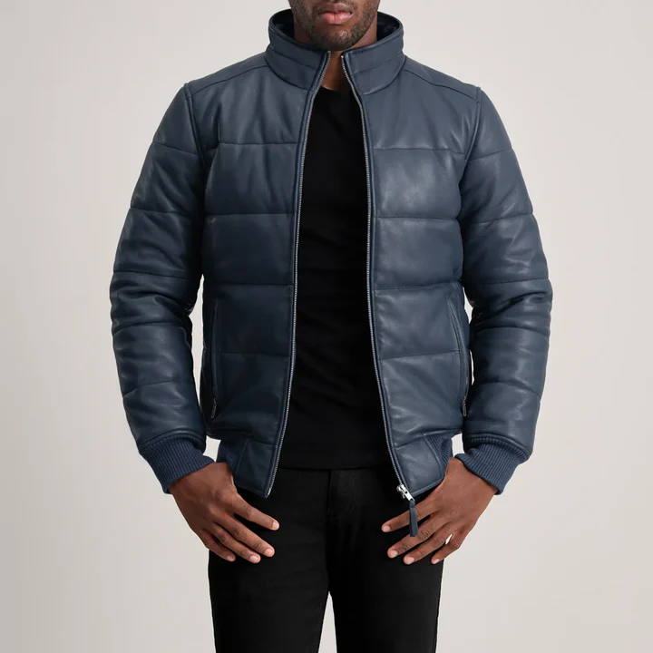 Lucas Blue Leather Puffer Bomber Jacket | Aviator Coats